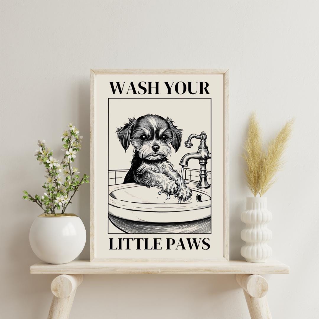 Dog Wash Your Paws Poster, Cute Bathroom Decor, Kids Washing Art Print ...