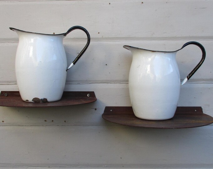 2 Vintage Porcelain Enamel Ware Pitchers, White With Black Handle and ...