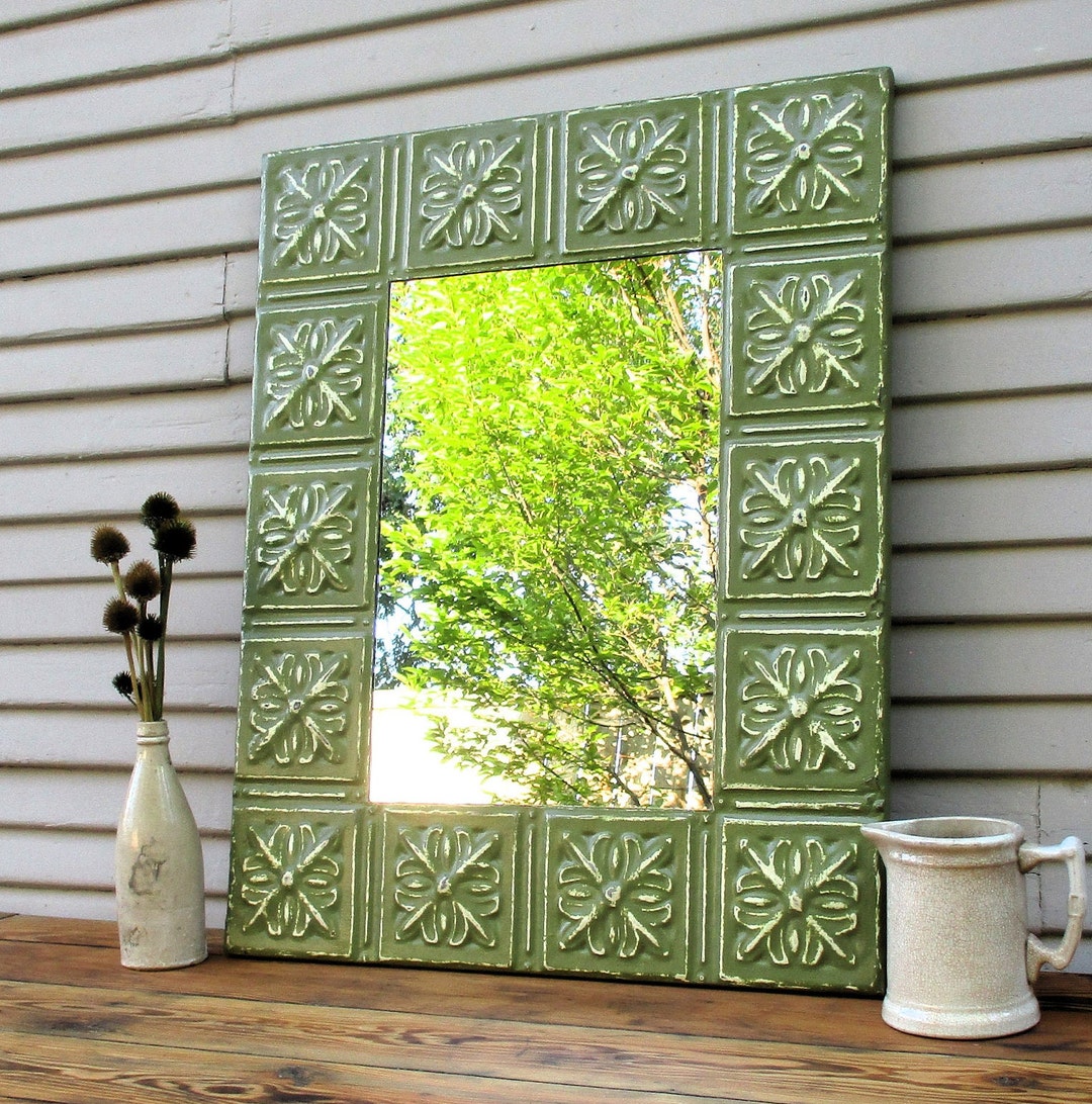 Large Green Wall Mirror, 29 1/2, Antique Ceiling Tin Tile Mirror ...