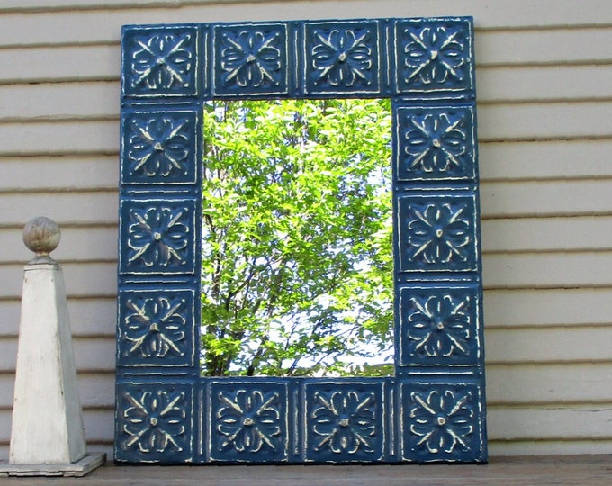 Large Blue Wall Mirror, Antique Ceiling Tin Tile Mirror, Architectural ...