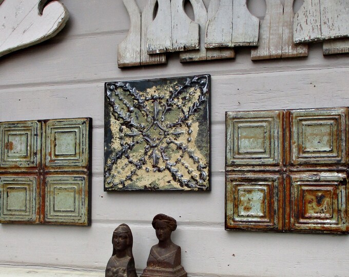 Antique Architectural Salvage Wall Art, Set of 3 Old Ceiling Tin Tiles ...