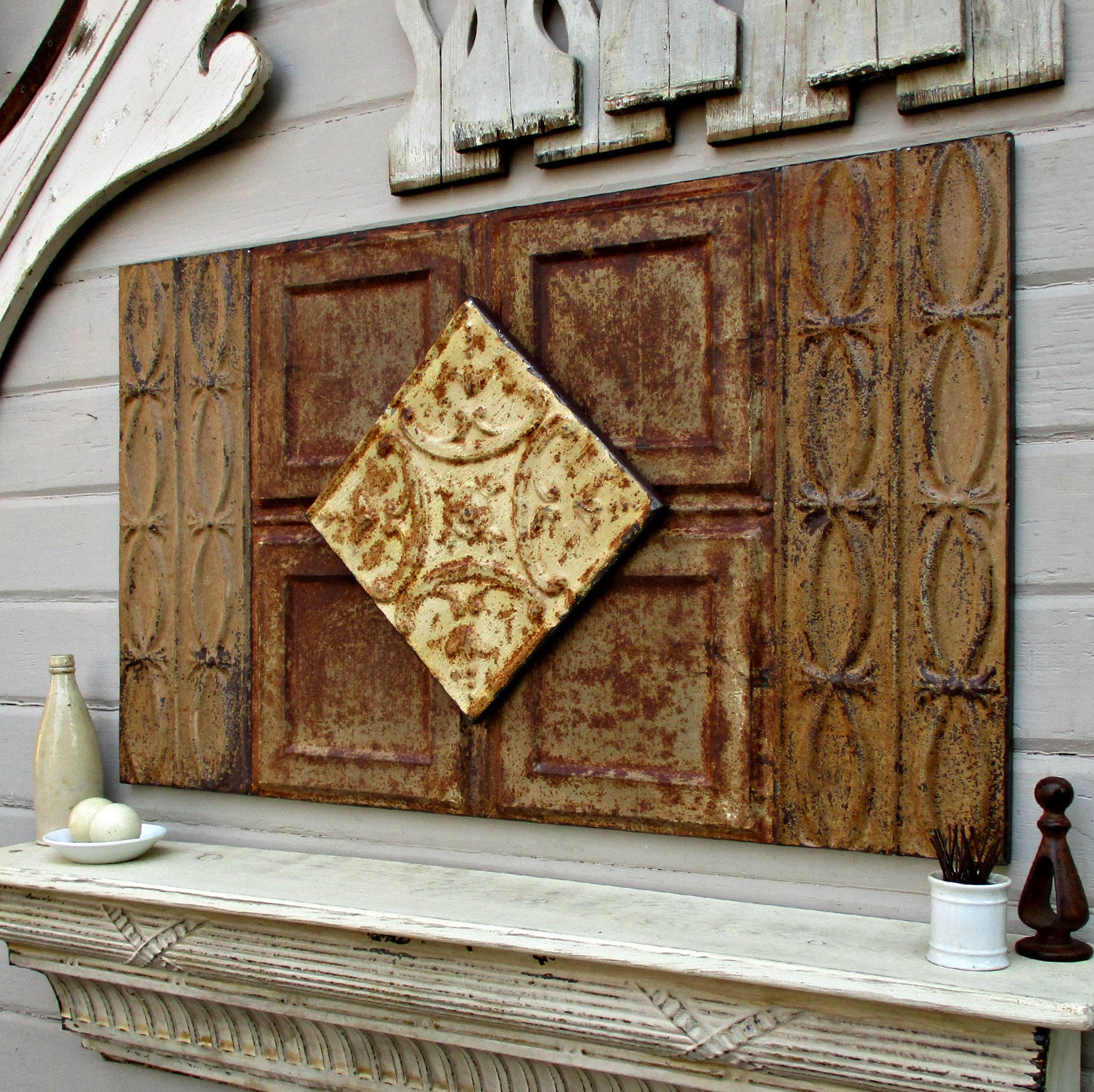 Antique Architectural Salvage wall art Pressed tin recycled Set of 4 ...