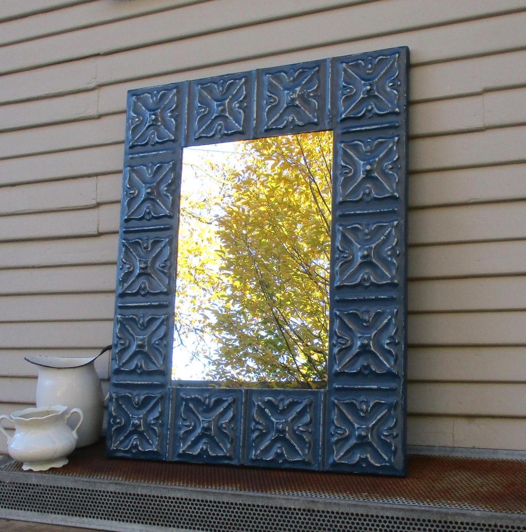 Large Blue Wall Mirror, Antique Ceiling Tin Tile Mirror, Architectural ...