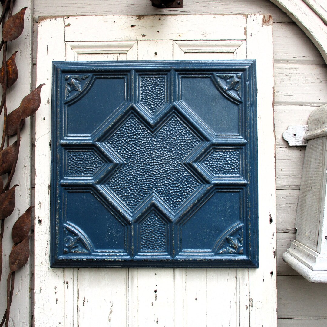 Antique Tin Ceiling Tile, Architectural Salvage, Metal Ceiling Tile Wall Art, Indigo Dark Blue ...