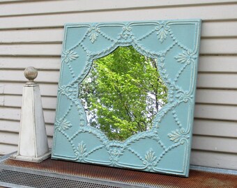 Large Blue Wall Mirror, Antique Ceiling Tin Tile Mirror, Architectural ...