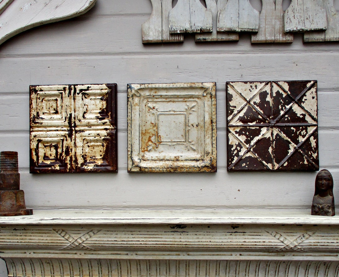 Antique Architectural Salvage Wall Art, Set of 3 Old Ceiling Tin Tiles ...