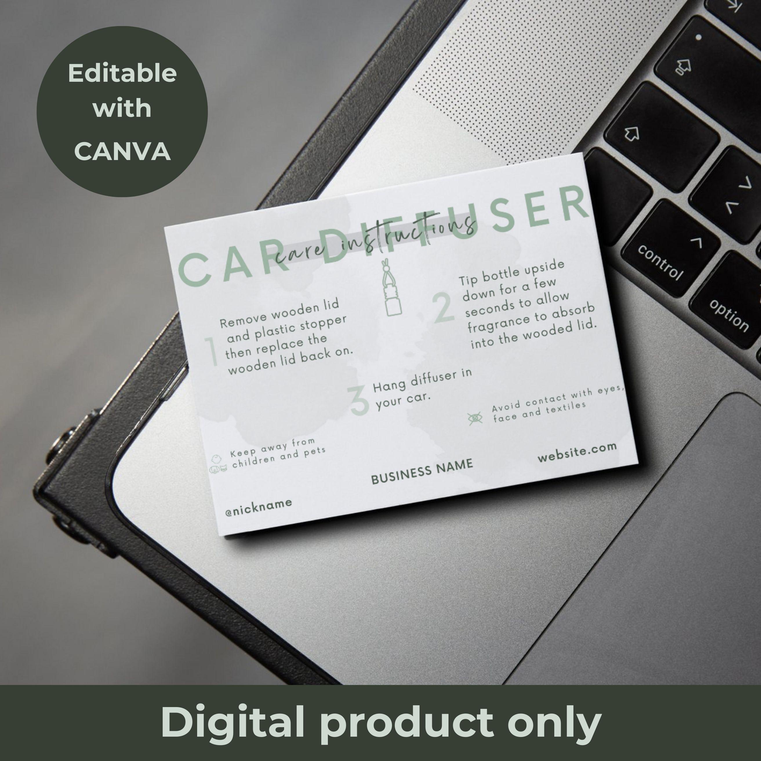 Car Diffuser Care Card Template Canva, Printable Hanging Diffuser Care ...