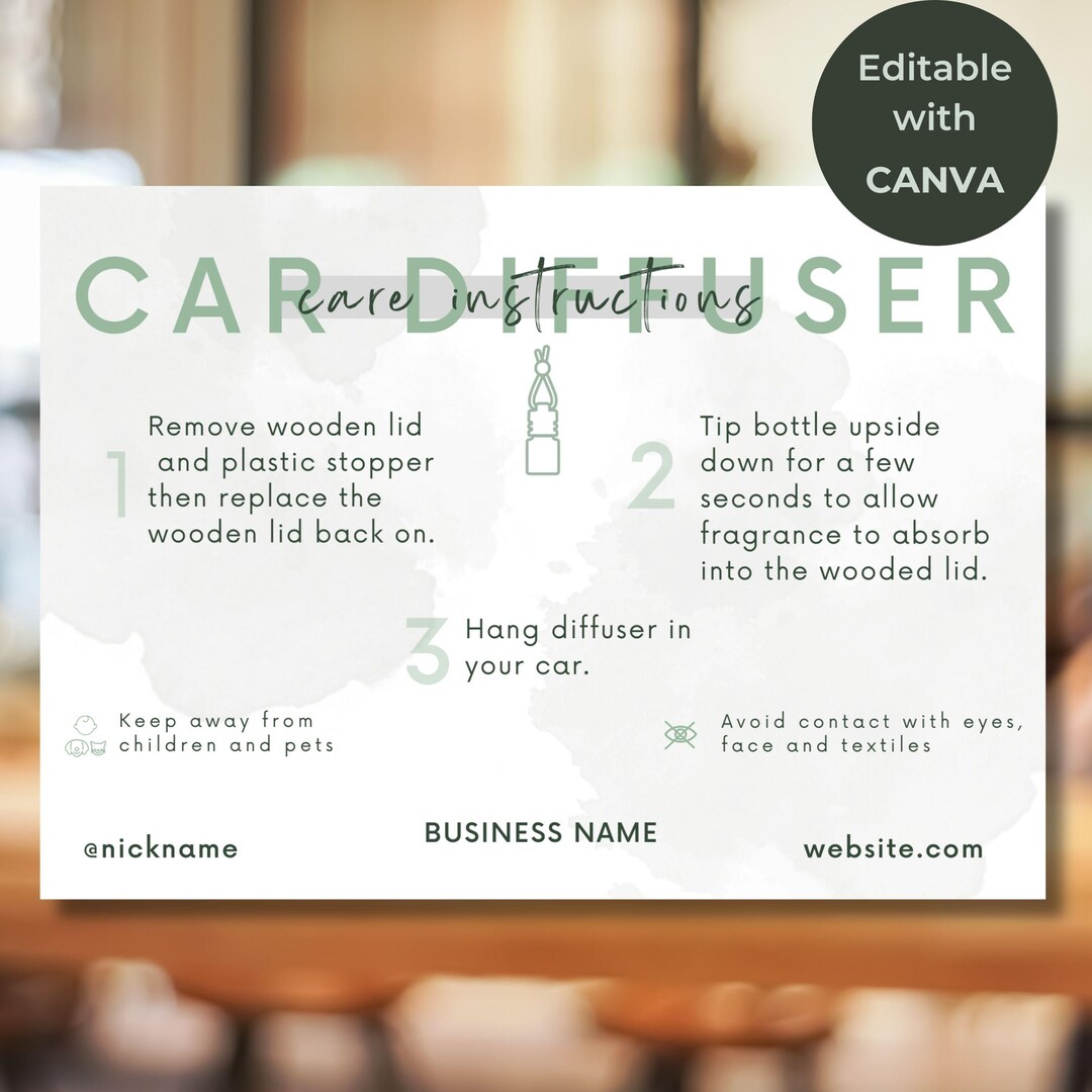 Car Diffuser Care Card Template Canva, Printable Hanging Diffuser Care ...