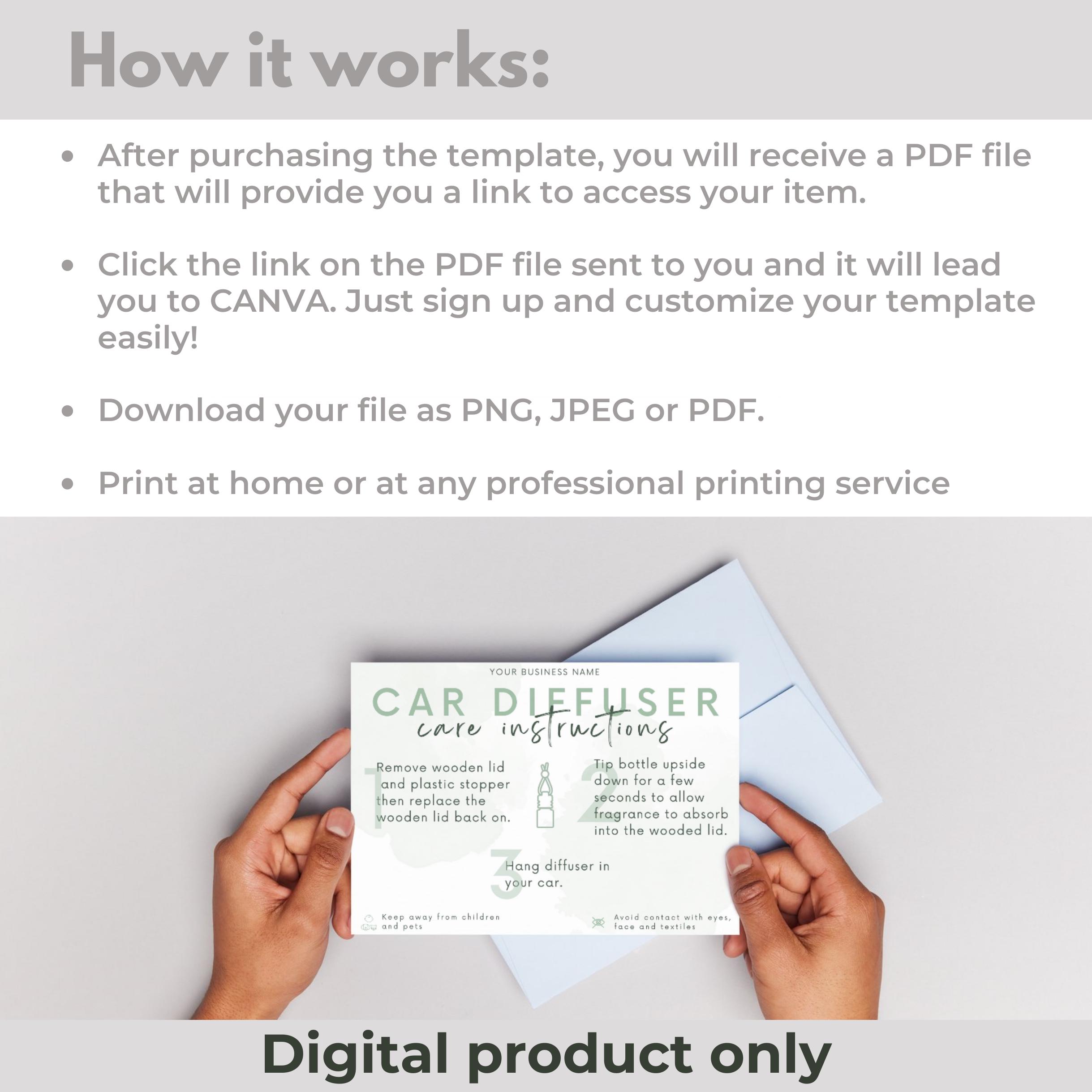 Car Diffuser Care Card Template Canva, Printable Hanging Diffuser Care ...