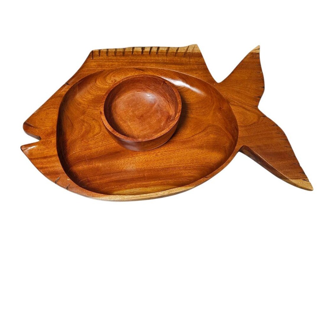 Vintage Teak Wood Fish Serving Tray With Dip Bowl - EUC!!! 15 In!!!! - Etsy