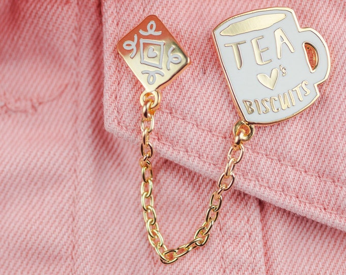 Tea Loves Biscuits Chained Enamel Pin Duo Mug Lapel Pin Cup Badge Chain ...