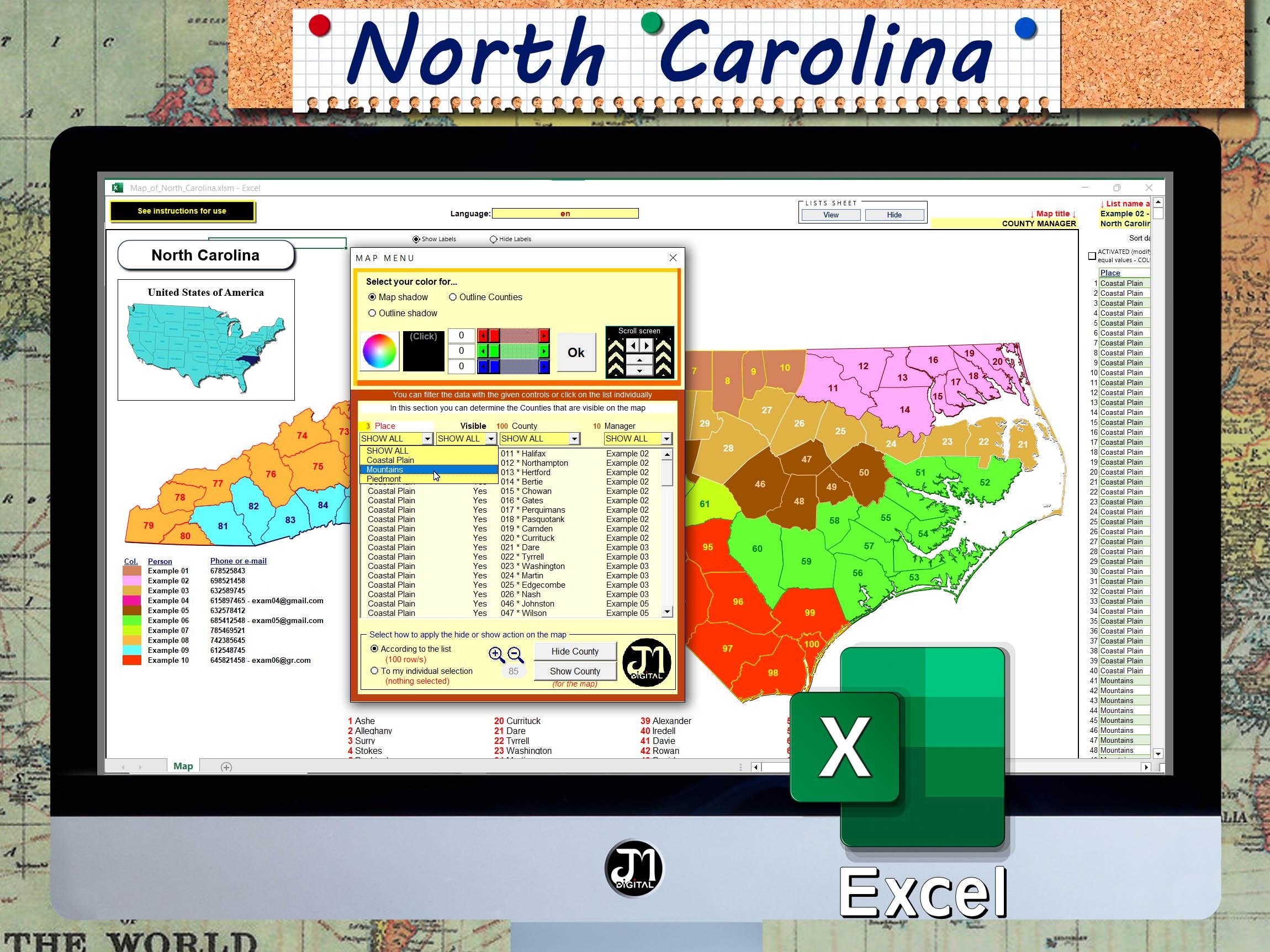North Carolina Map: Interactive Excel Template With Macros - Etsy