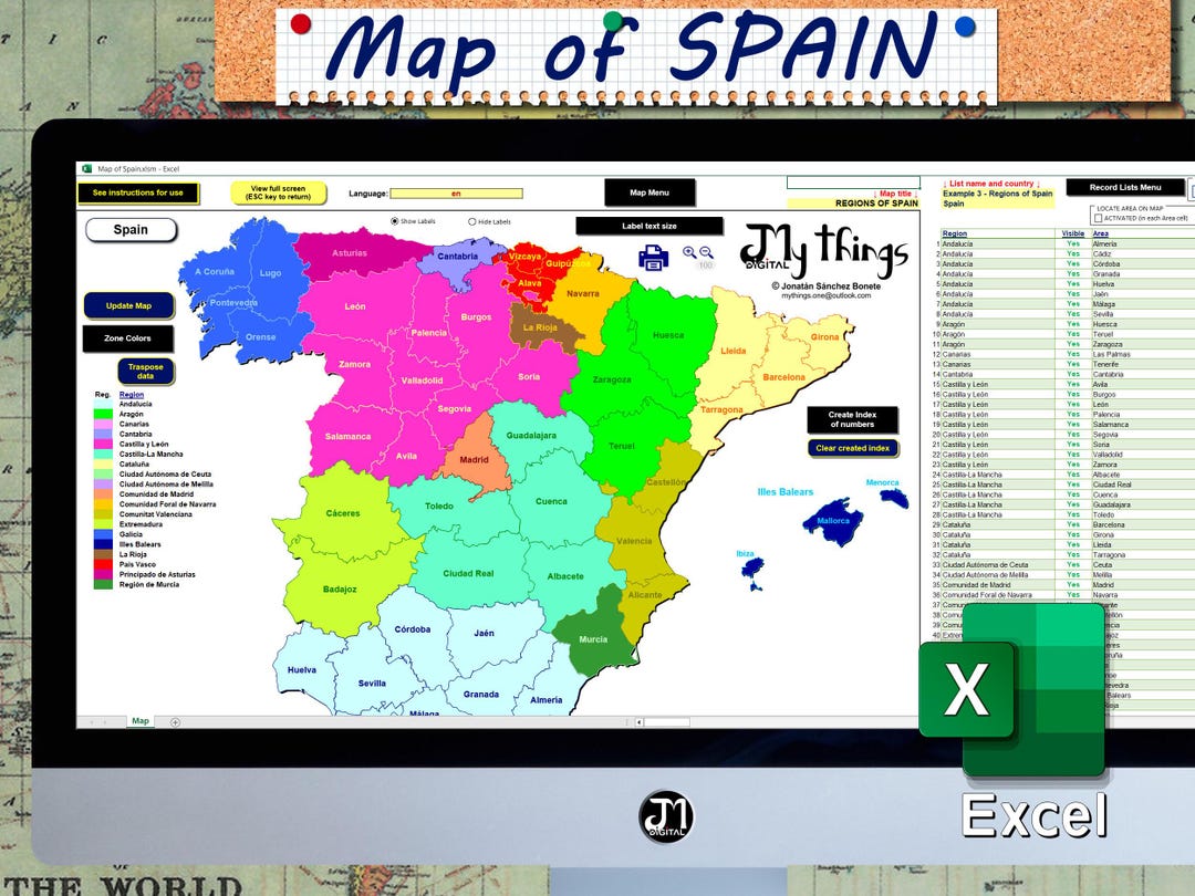 Spain, Map of Spain, Map, Excel, Excel 2019, Geography, Europe, UE ...