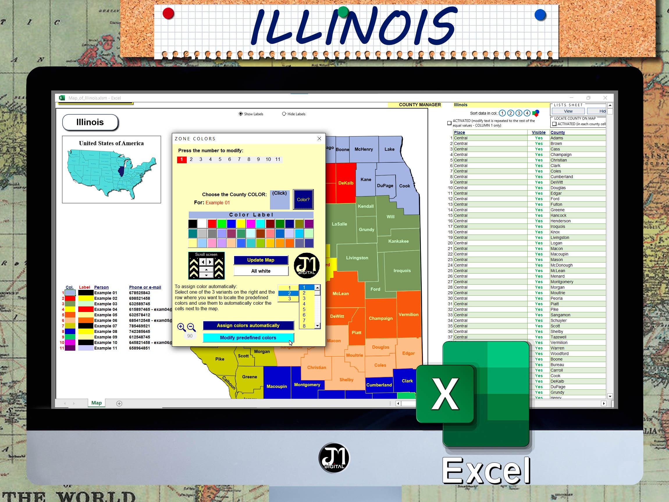 Illinois Excel Map With Macros: Geography & County Data - Etsy