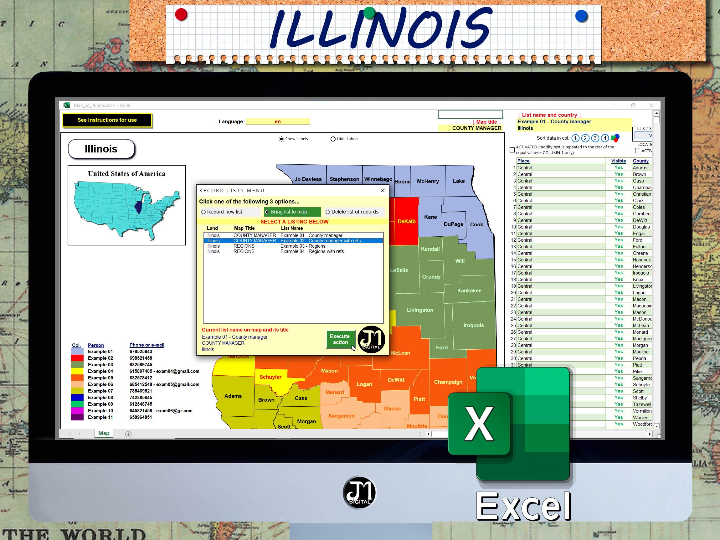 Illinois Excel Map With Macros: Geography & County Data - Etsy