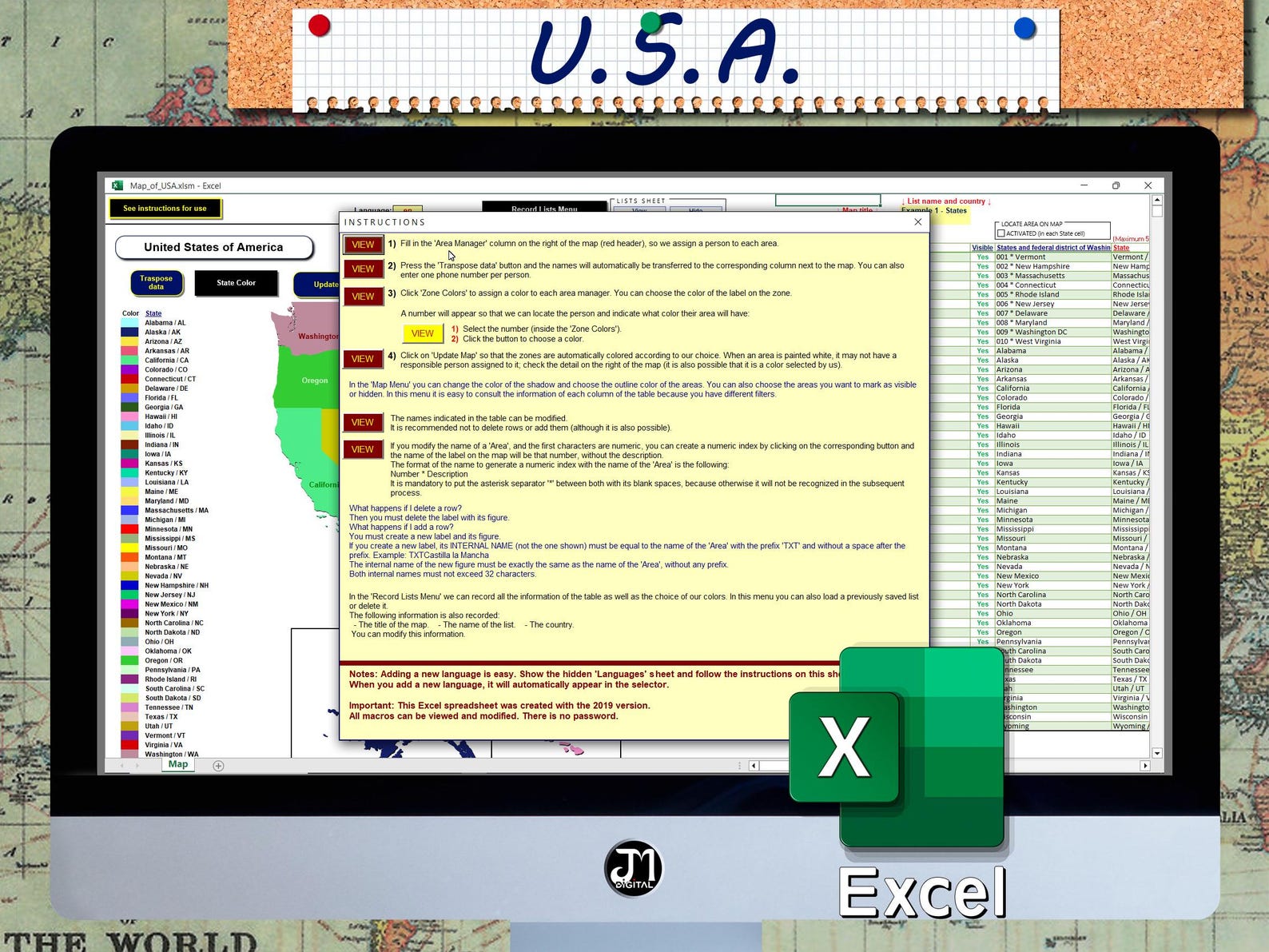 USA Map in Excel With Macros - Etsy