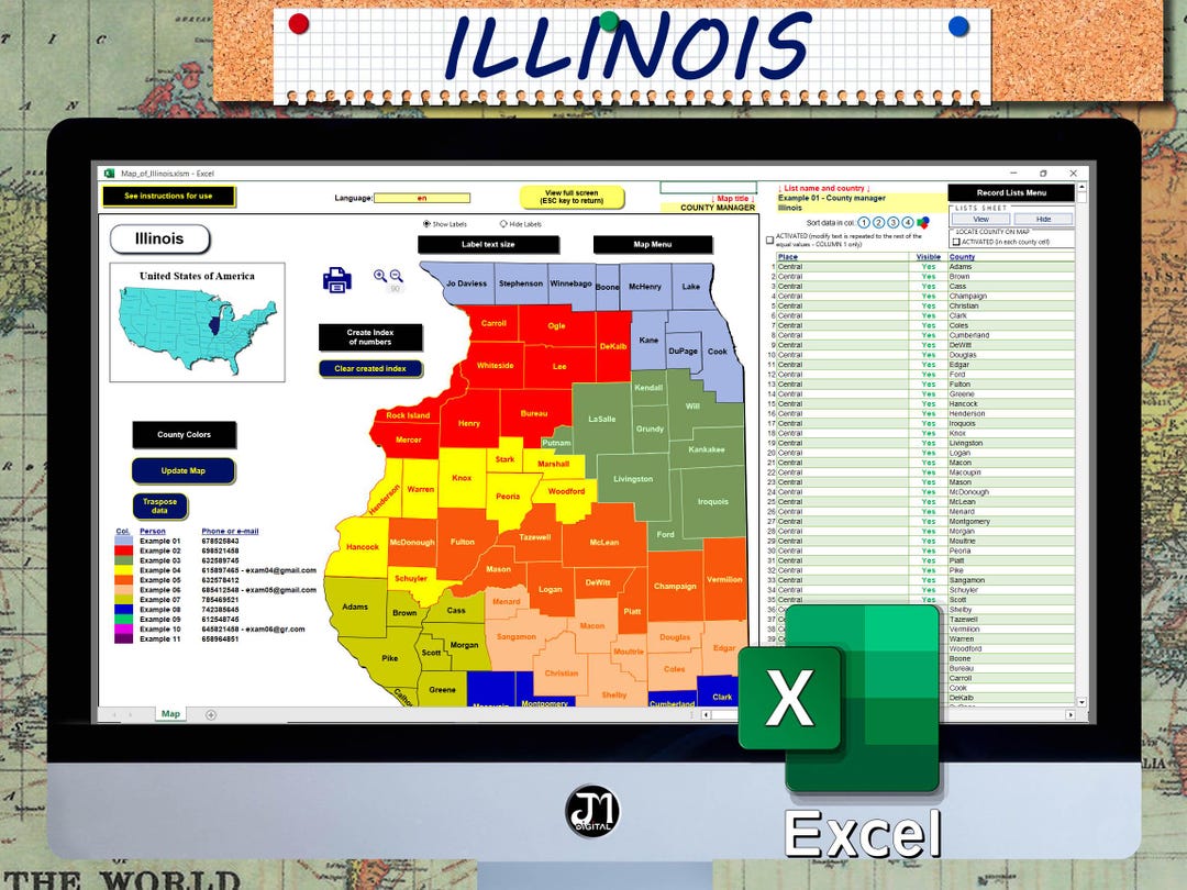 Illinois Excel Map With Macros: Geography & County Data - Etsy