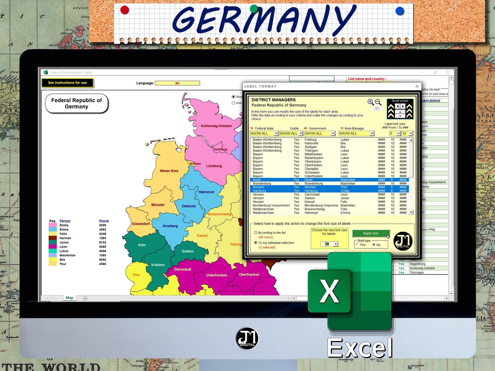 Germany Map With Provinces for Excel (digital Download) - Etsy