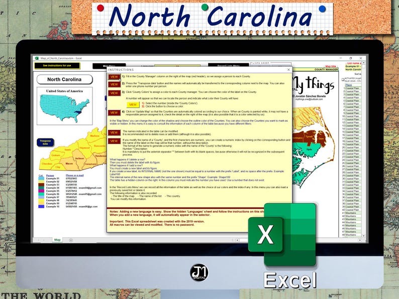 North Carolina Map: Interactive Excel Template With Macros - Etsy