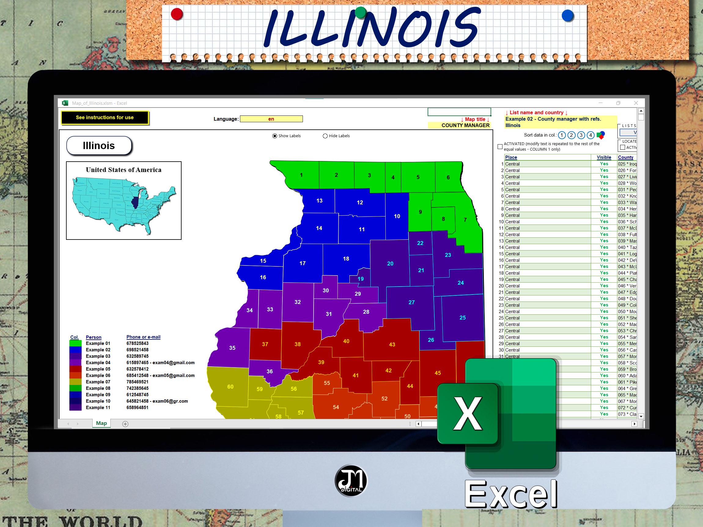 Illinois Excel Map With Macros: Geography & County Data - Etsy