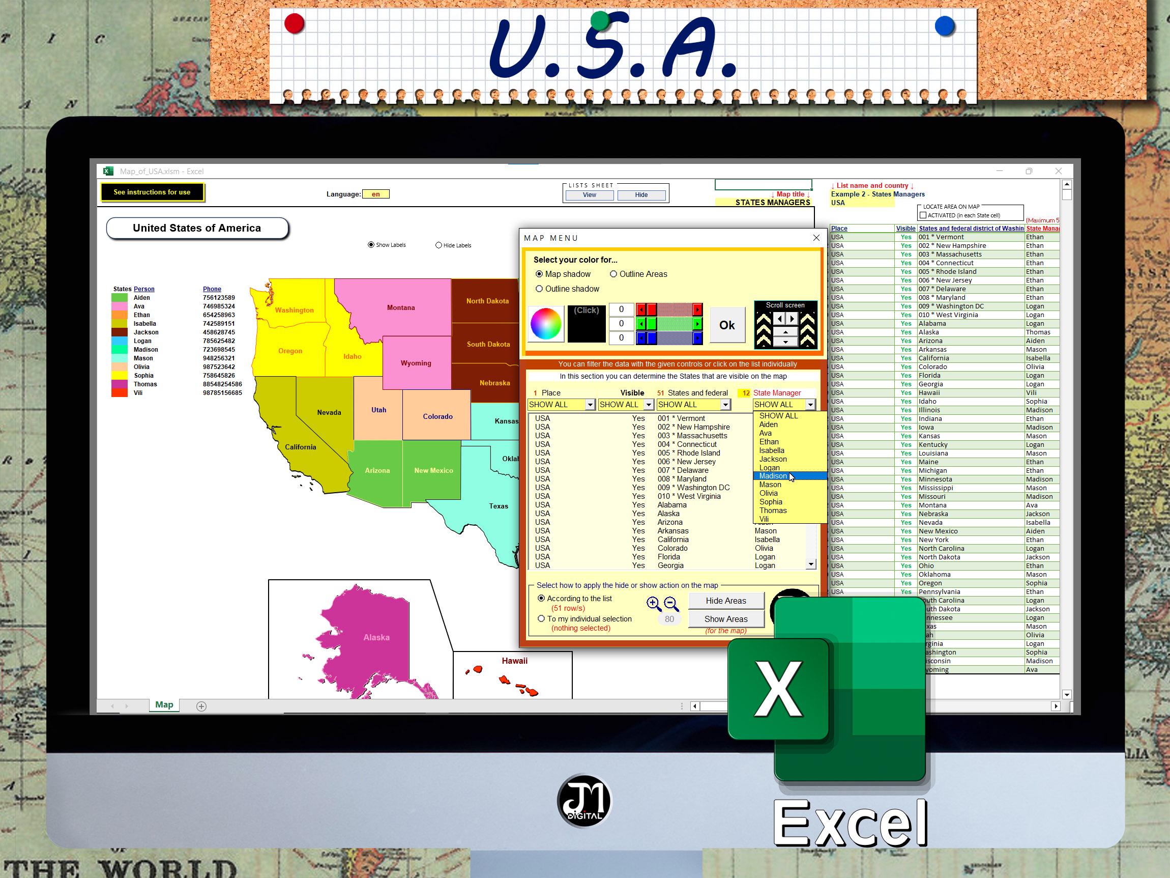 U.S.A., Map of USA, Map, Excel, Excel 2019, Geography, North America ...