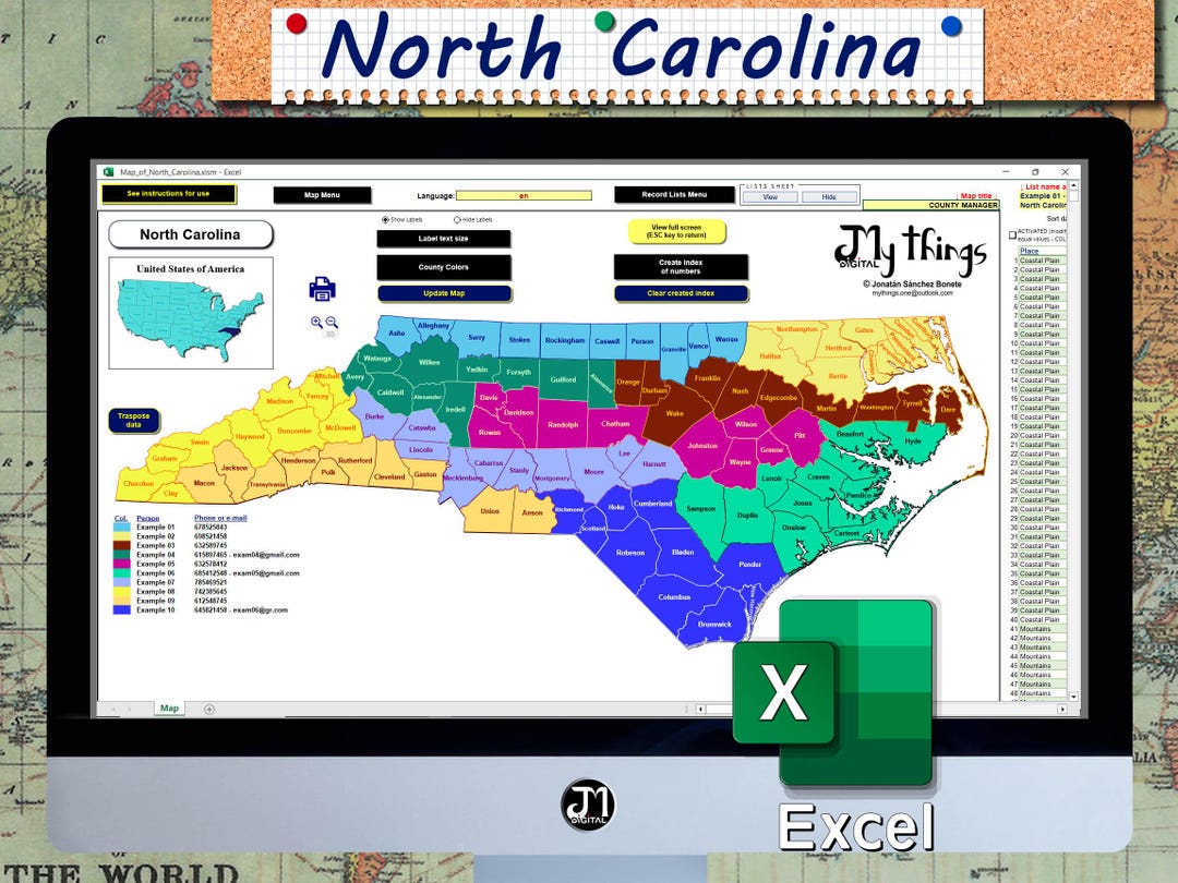 North Carolina Map: Interactive Excel Template With Macros - Etsy