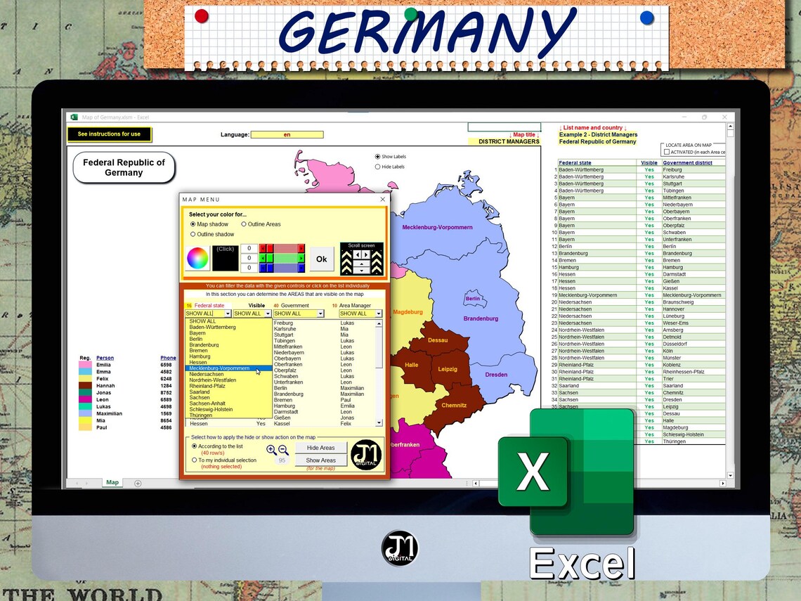 Germany Map With Provinces for Excel (digital Download) - Etsy