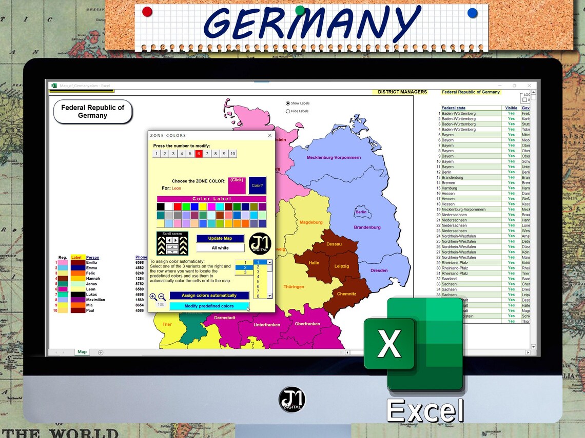 Germany Map With Provinces for Excel (digital Download) - Etsy