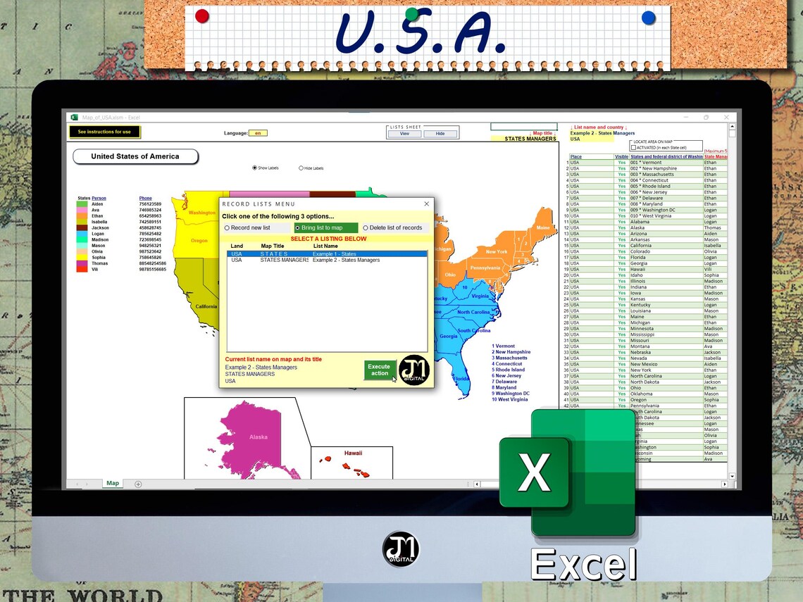 USA Map in Excel With Macros - Etsy
