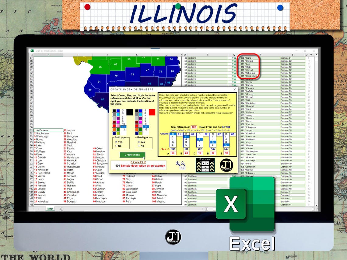 Illinois Excel Map With Macros: Geography & County Data - Etsy