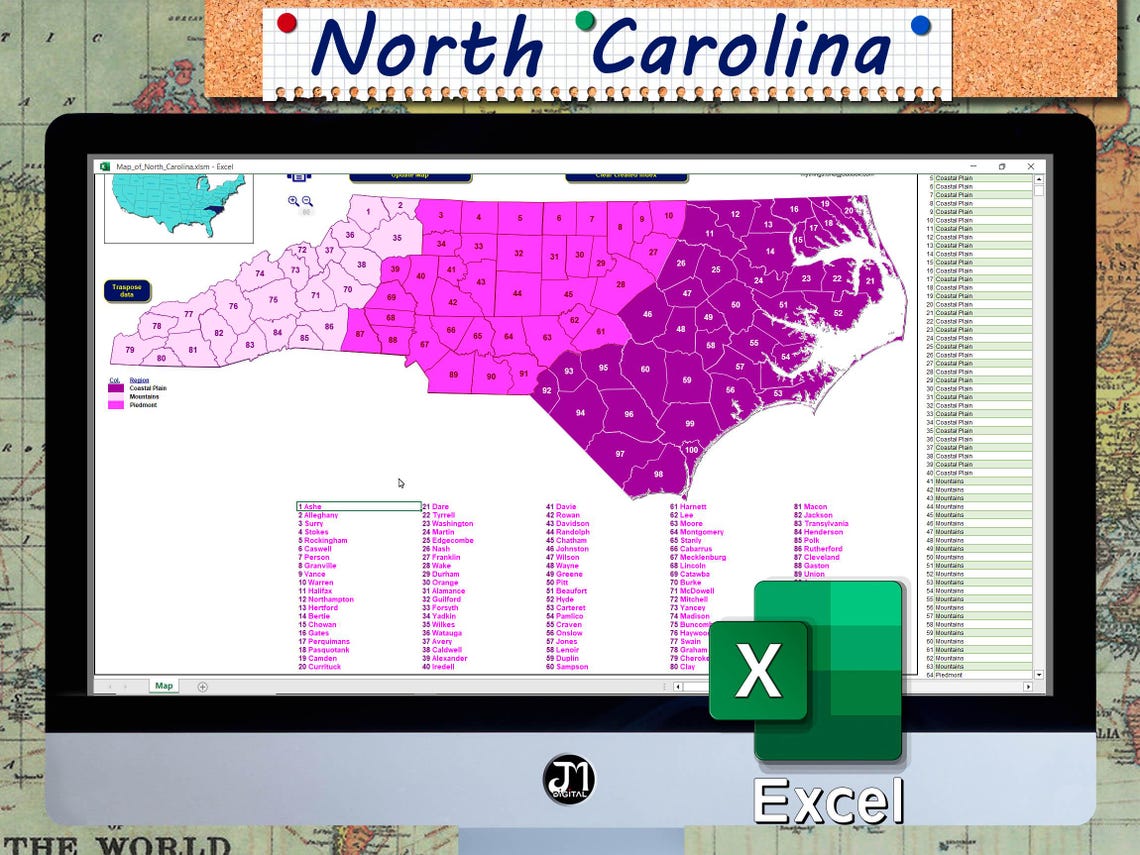 North Carolina Map: Interactive Excel Template With Macros - Etsy