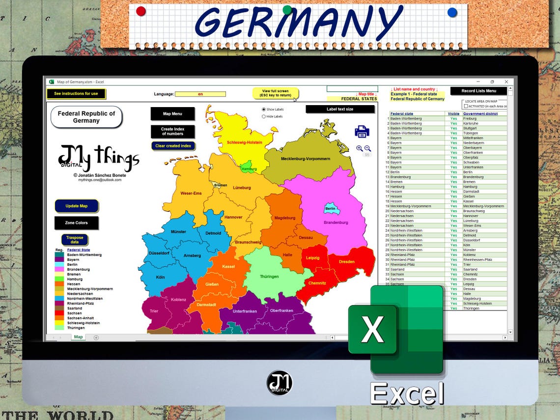 Germany Map With Provinces for Excel (digital Download) - Etsy