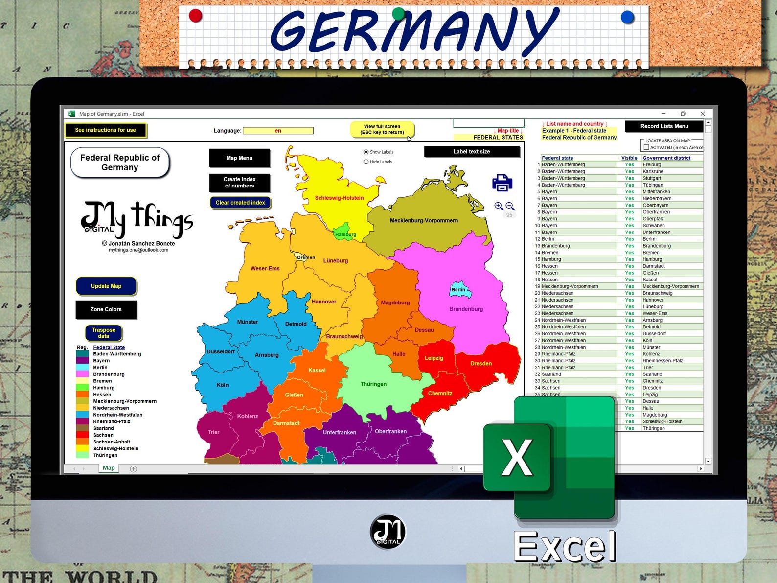 Germany Map With Provinces for Excel (digital Download) - Etsy