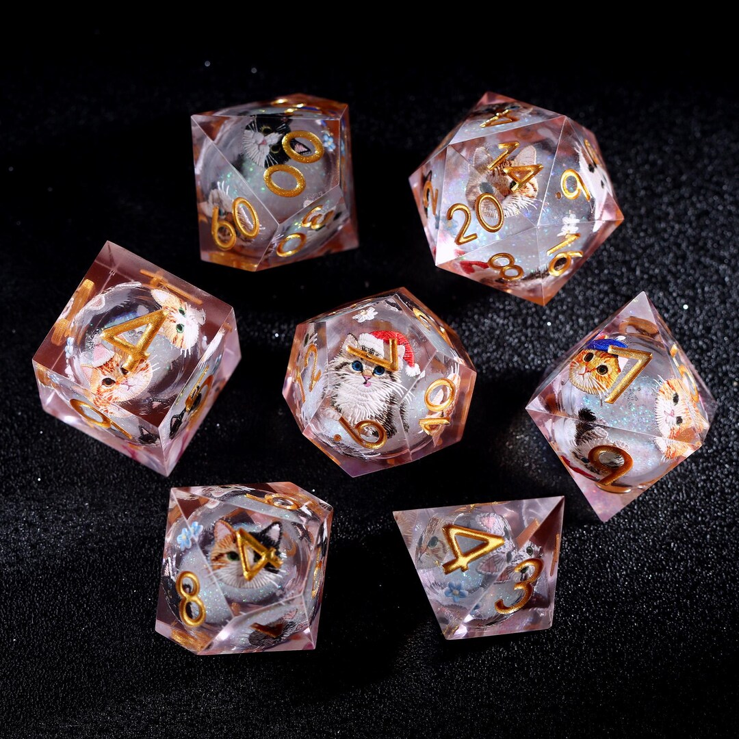 Cute Cat Dnd Dice Set - Liquid Core Dice Set, Handmade Sharp Edge Dice ...