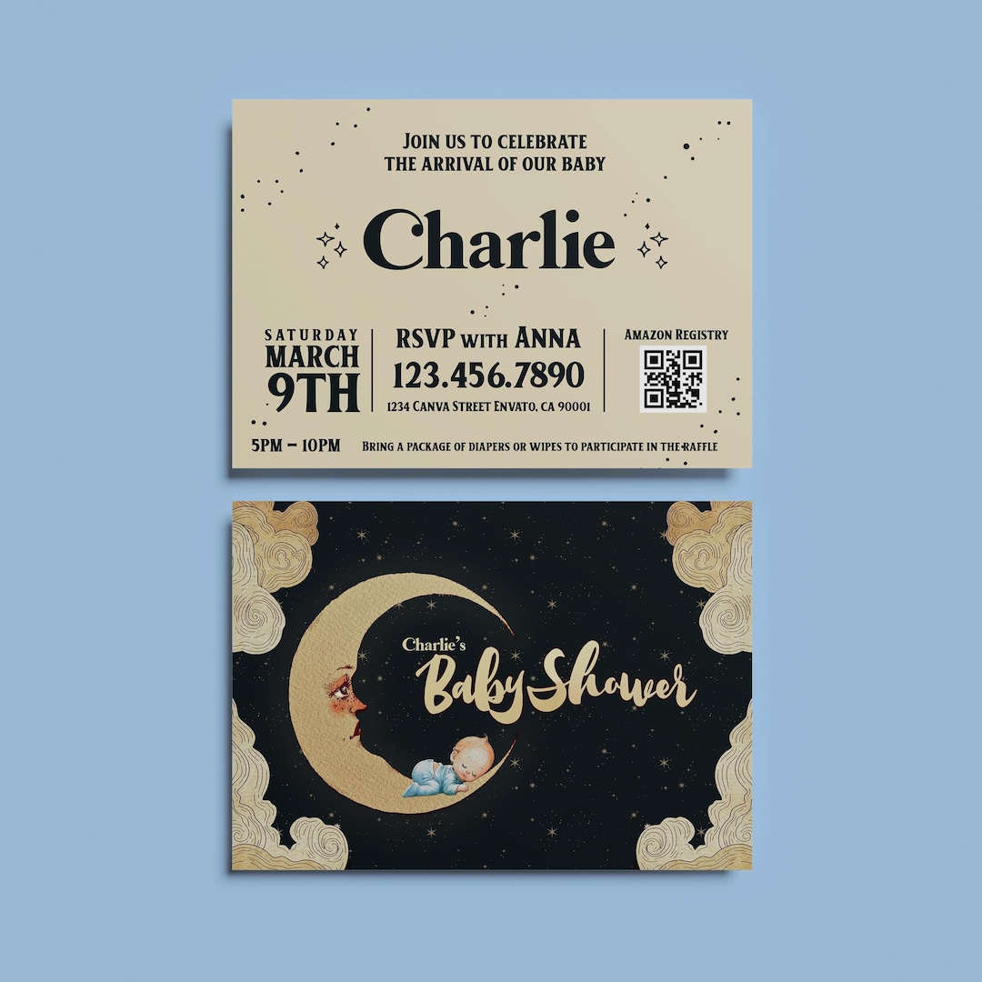 Editable Starry Night Baby Boy Shower Invitation Template, Vintage Moon ...