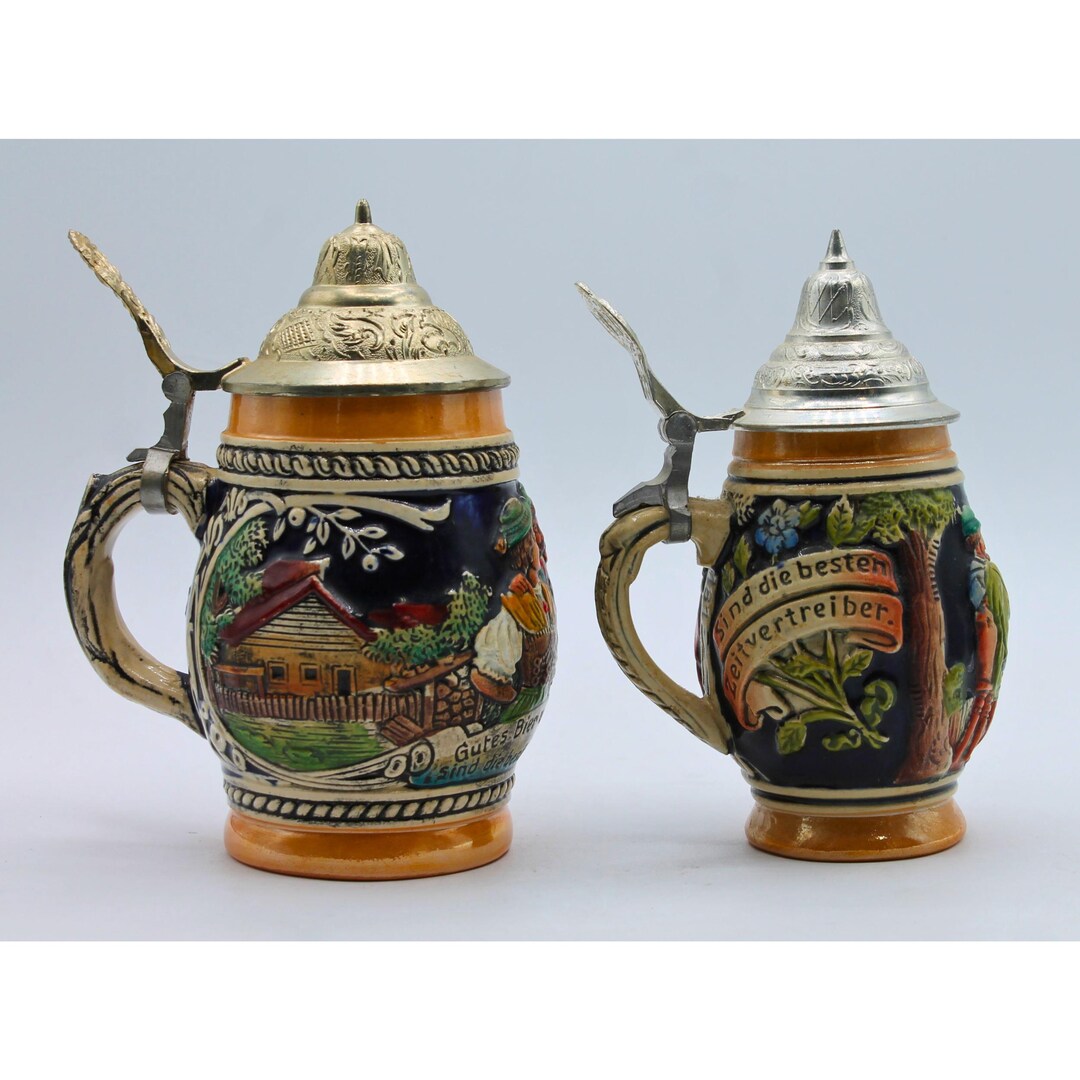 Vintage German Lidded Beer Steins | Set of 2 Small | Lid Wear ...