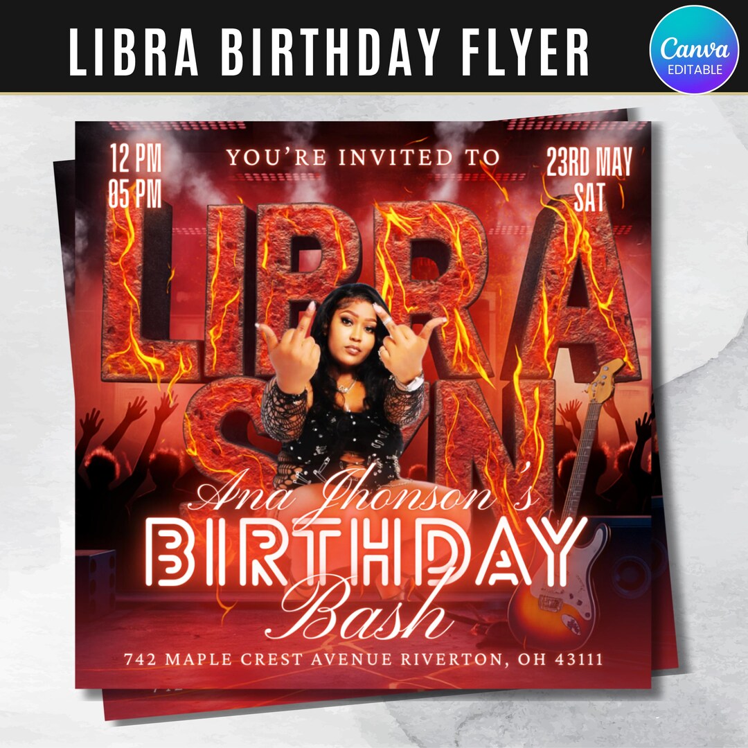 Editable Libra Birthday Flyer Canva Template for Girl | Zodiac Party ...