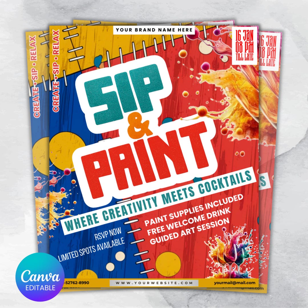 Sip and Paint Flyer, Paint Party Flyer, DIY Flyer Template Design ...