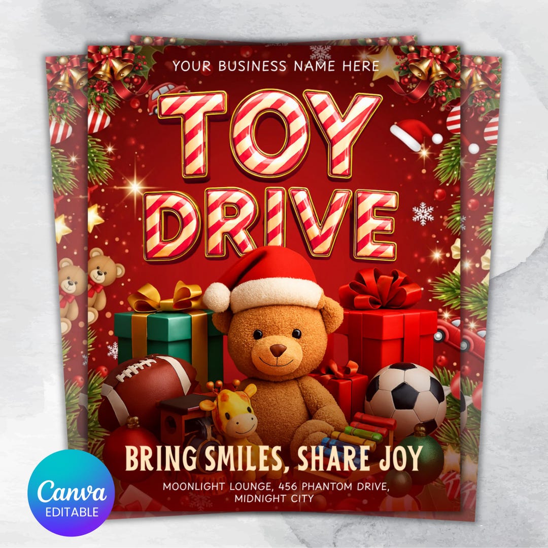 Festive Christmas Toy Drive Flyer Canva Template for Holiday Parties ...