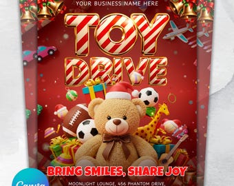 Christmas Toy Drive Flyer Canva Template, Christmas Party Flyer, Toy ...