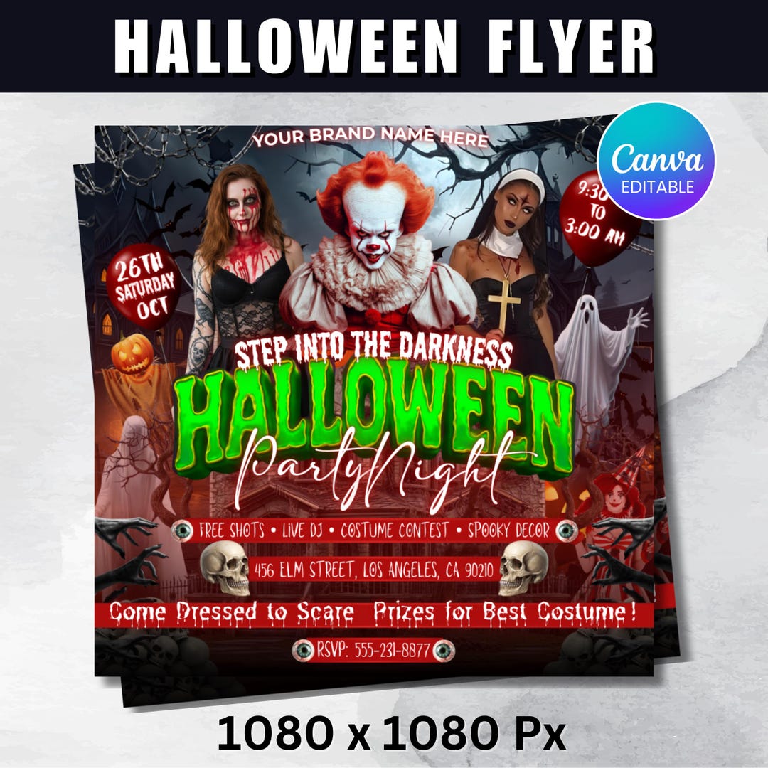 Editable Horror Halloween Flyer Template, Scary Costume Party for ...