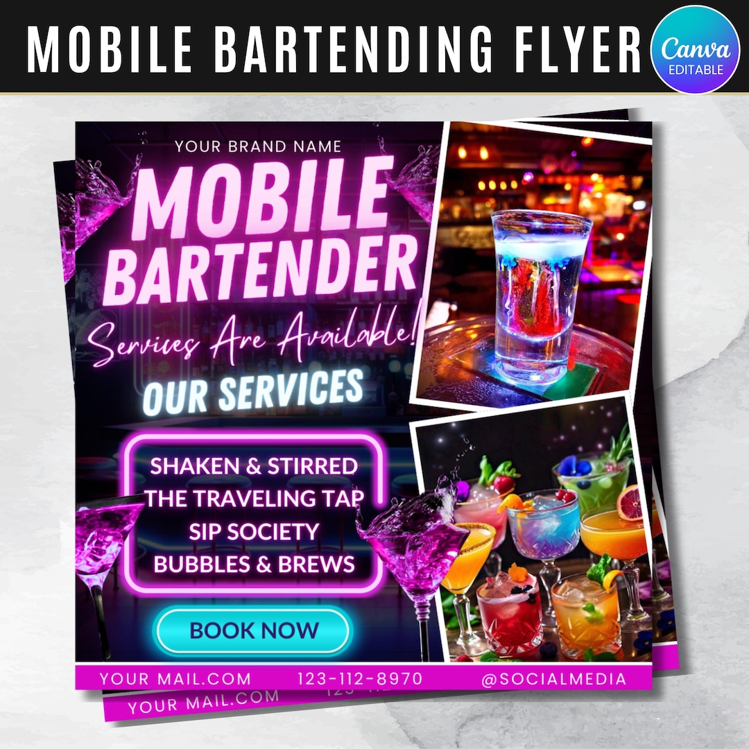 Mobile Bartending Flyer, DIY Mixologist Bartender Drink Services Party ...