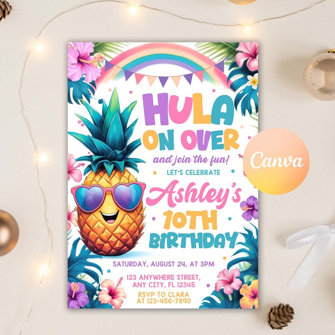 Hula on Over Pineapple Birthday Invitation, Tropical Birthday ...