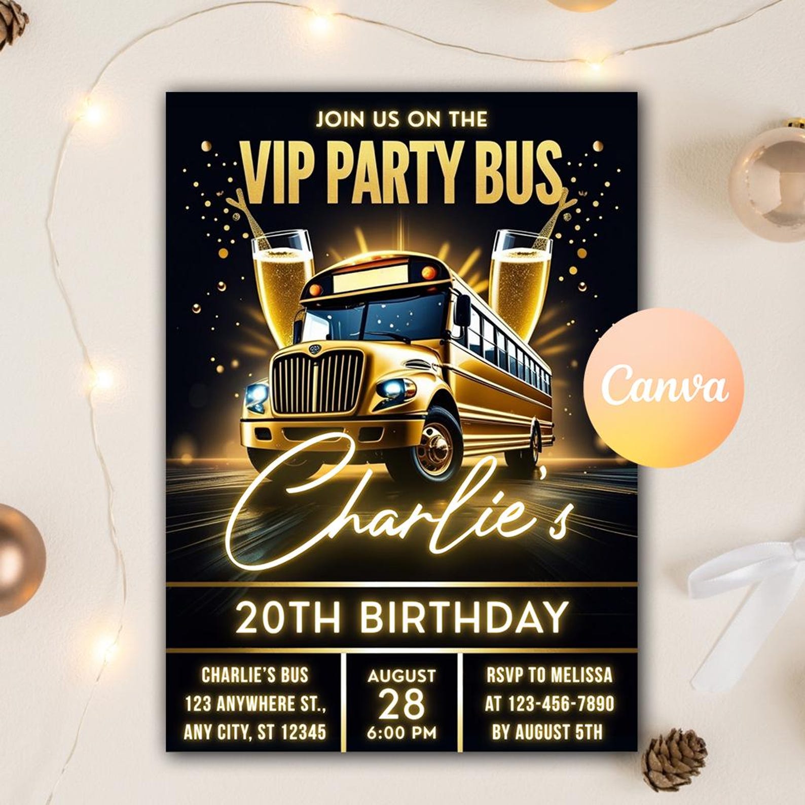 VIP Party Bus Invitation, Party Bus Invitation, Pink Limo Party Invite ...