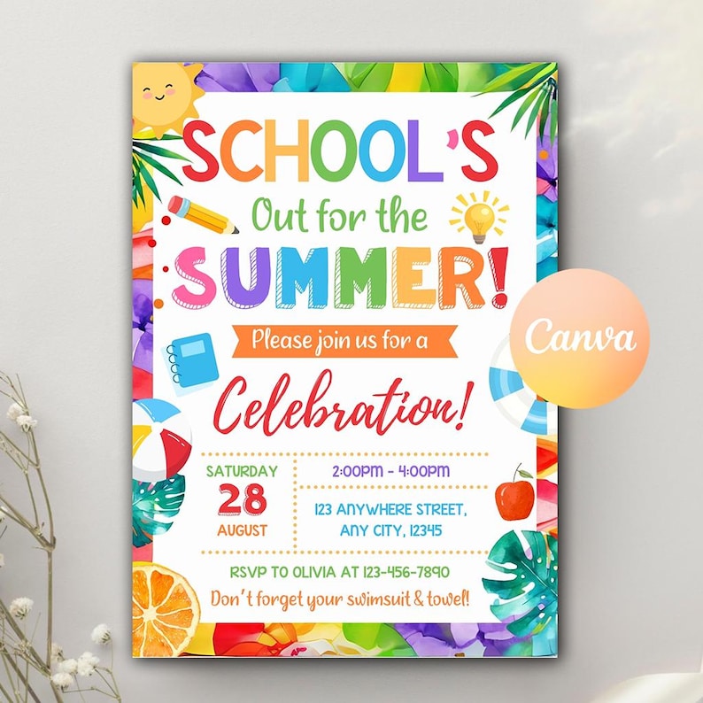 Editable End of School Party Invitation, Schools Out Party Invites ...
