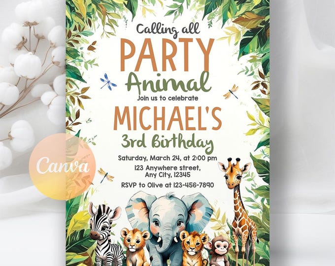Child's Birthday Invitation Template | Party Animal Invite | Jungle ...