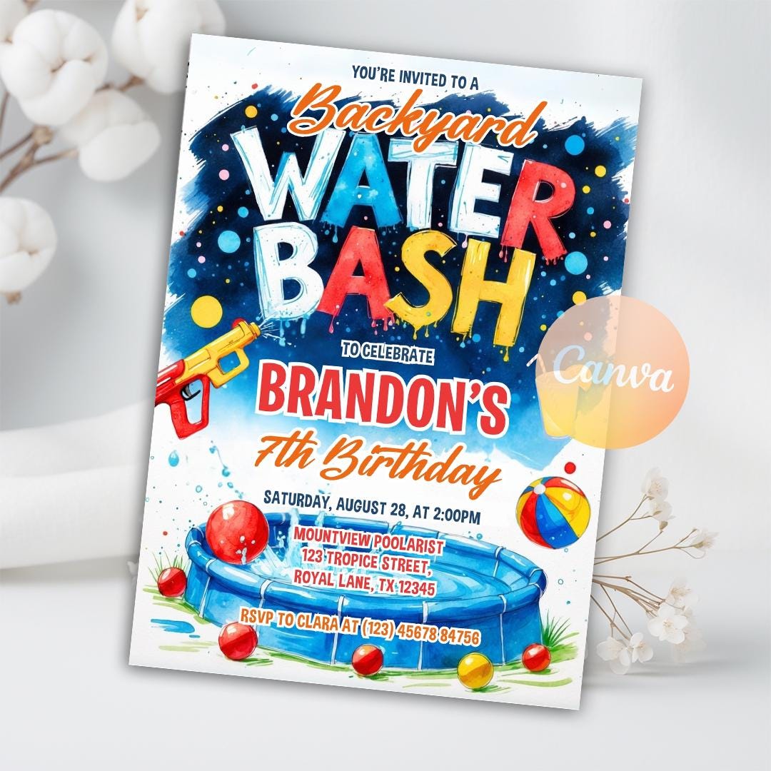 Water Gun Birthday Invitation, Pool Party Invitation, Summer Birthday ...