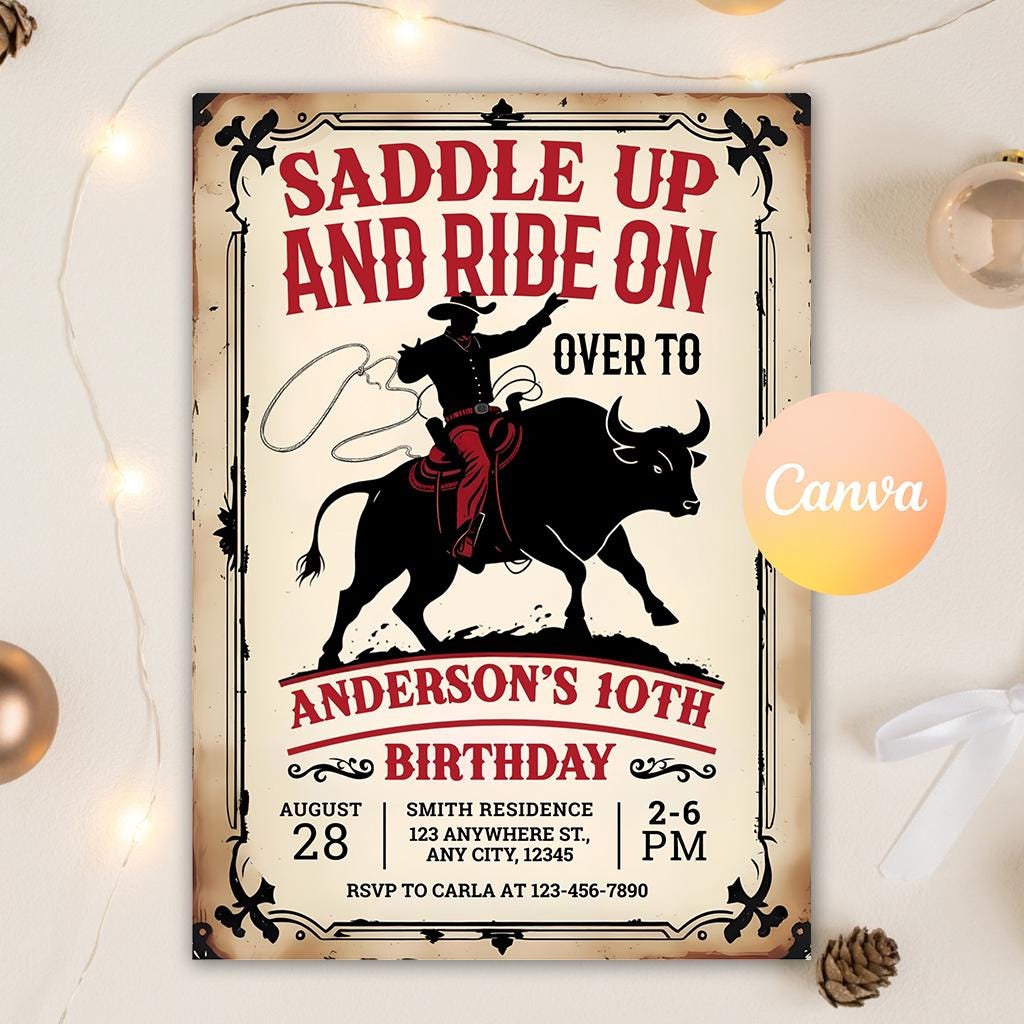 Bull Rodeo Birthday Invitation, Cowboy Birthday Party Invitation, Bull ...