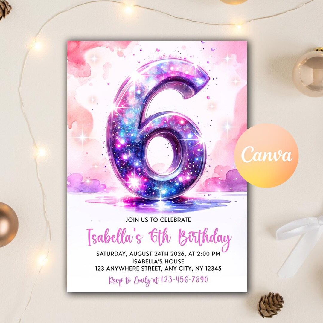 Pink 6th Birthday Invitation, Glitter Birthday, Pink Purple Watercolor ...