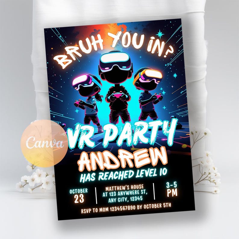 Glow VR Birthday Invitation: Video Game Party, Editable Canva Template ...